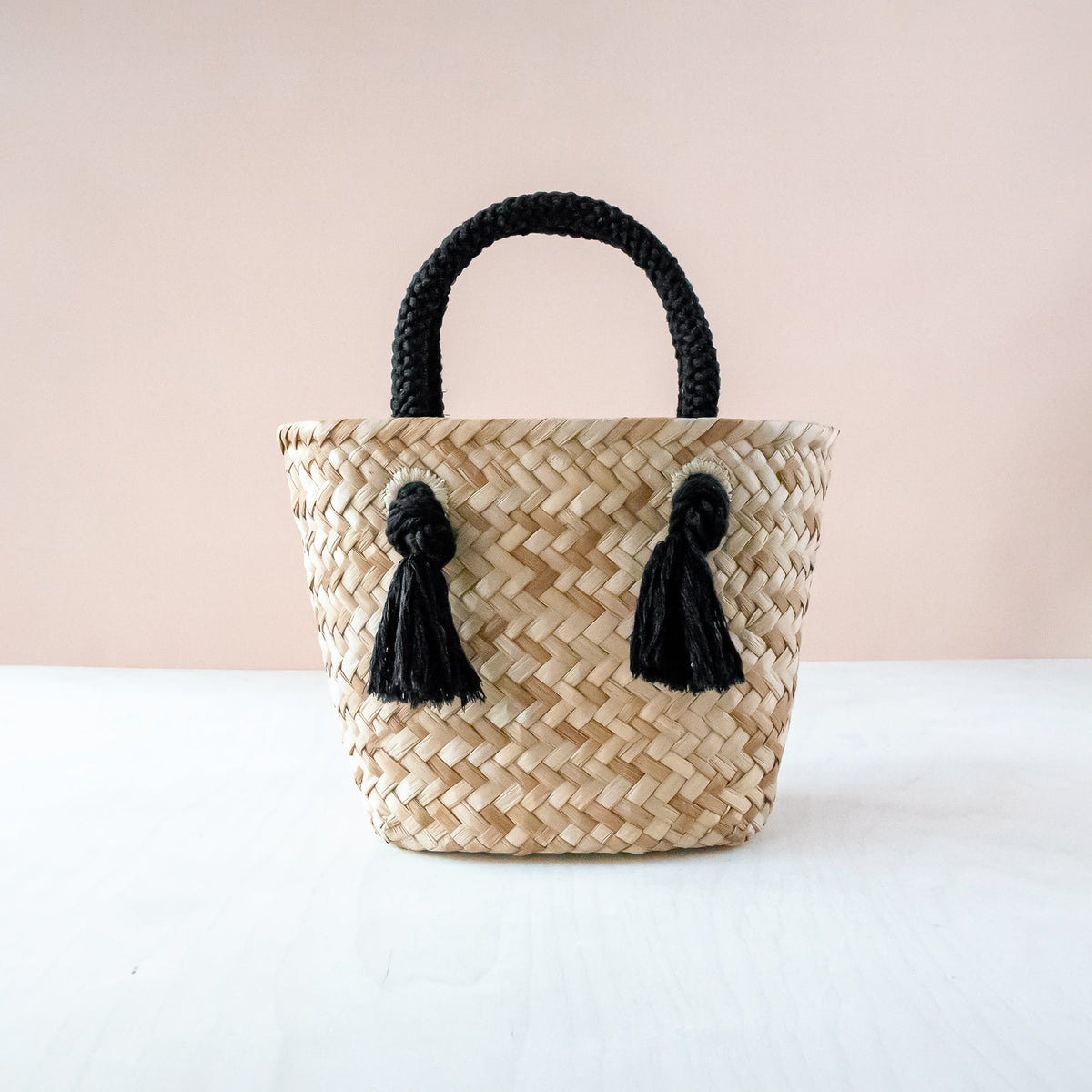 Black Small Modern Straw Tote with Cord Handles - Classic Tote Bags ...